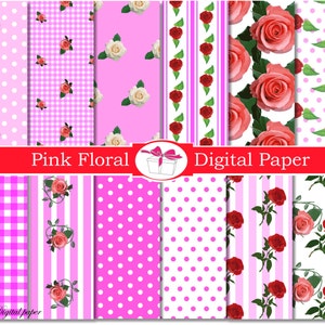 Pink Floral Digital Paper Shabby Chic Scrapbook Flower Digital Paper ...