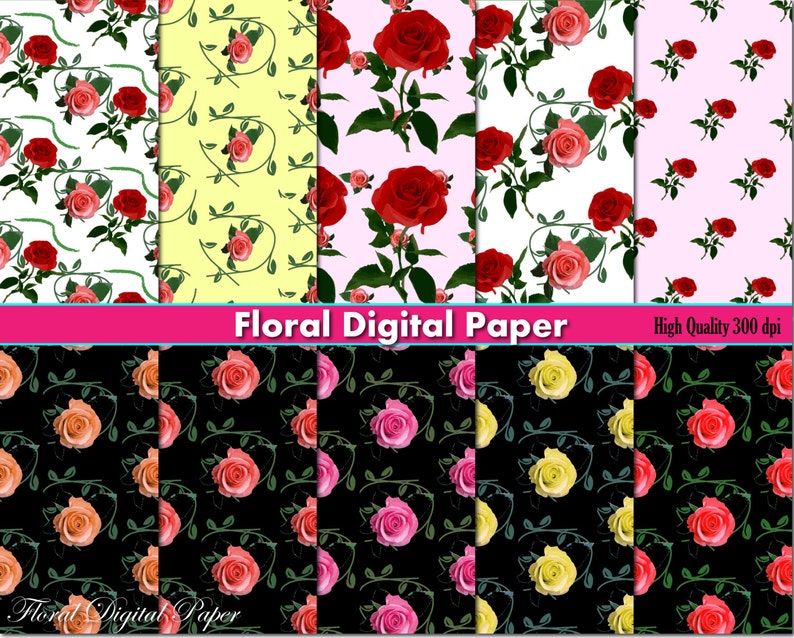 Rose Digital Paper Floral Fabric Prints Flower Digital Paper Roses ...