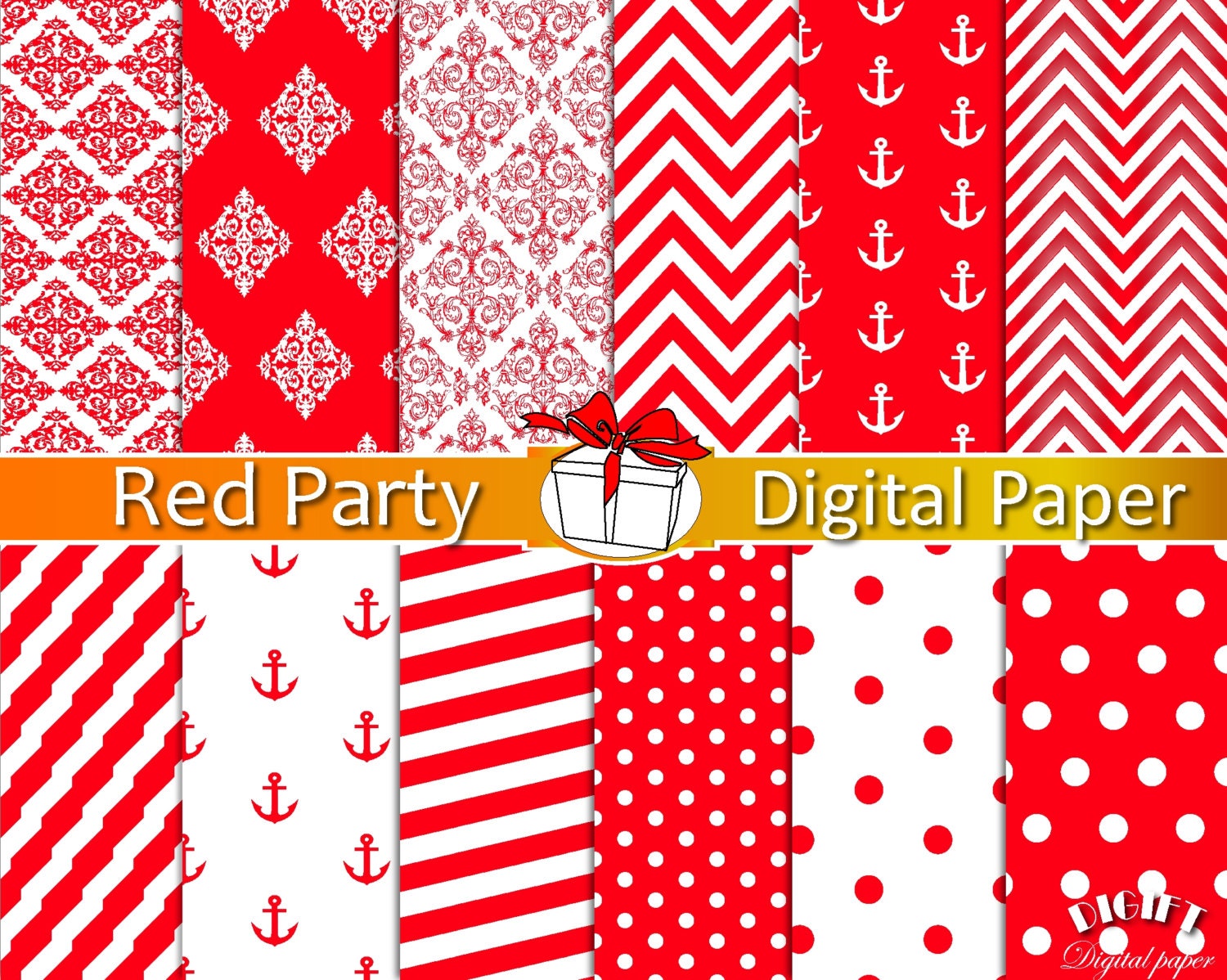 Red Digital Paper Red Decor Red Damask Red and White Stripe Red and ...