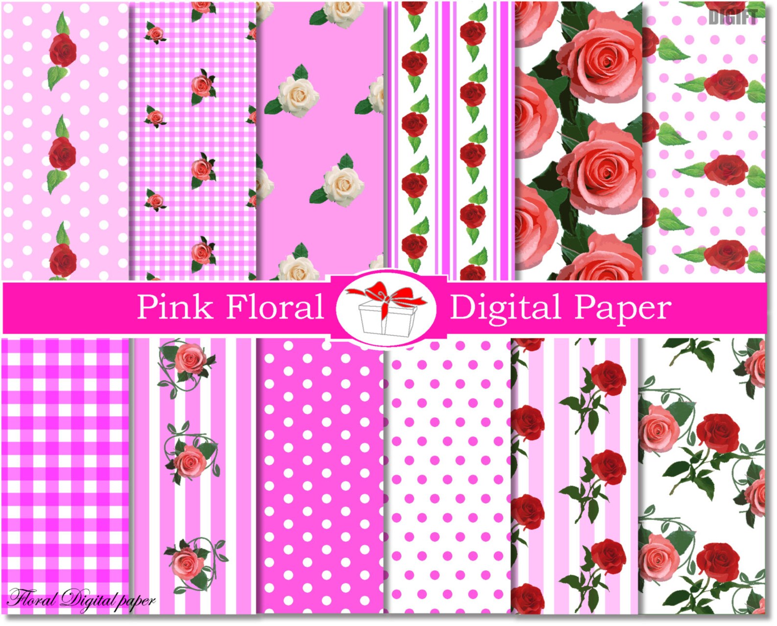 Pink Floral Digital Paper Shabby Chic Scrapbook Flower Digital Paper ...