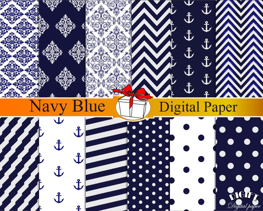 Navy Blue Digital Paper Dark Blue Damask Navy Blue Chevron Blue Polka ...