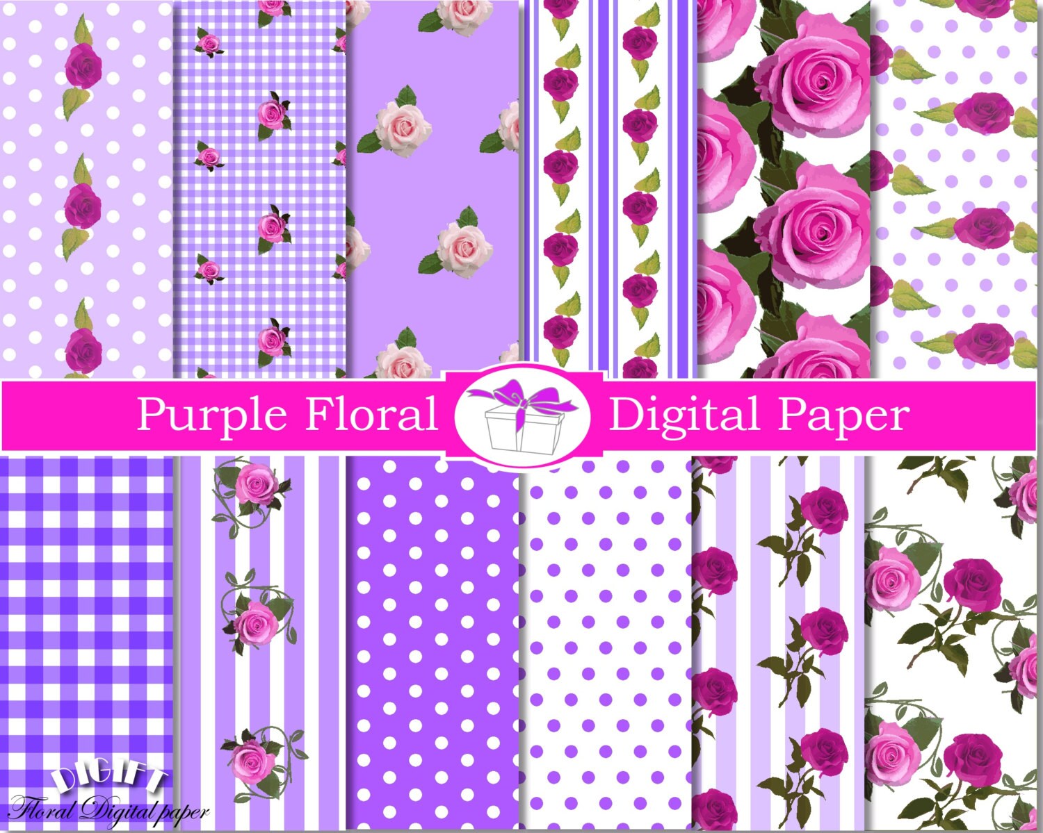 Purple Flower Digital Paper Floral Decor Shabby Chic Digital Paper ...