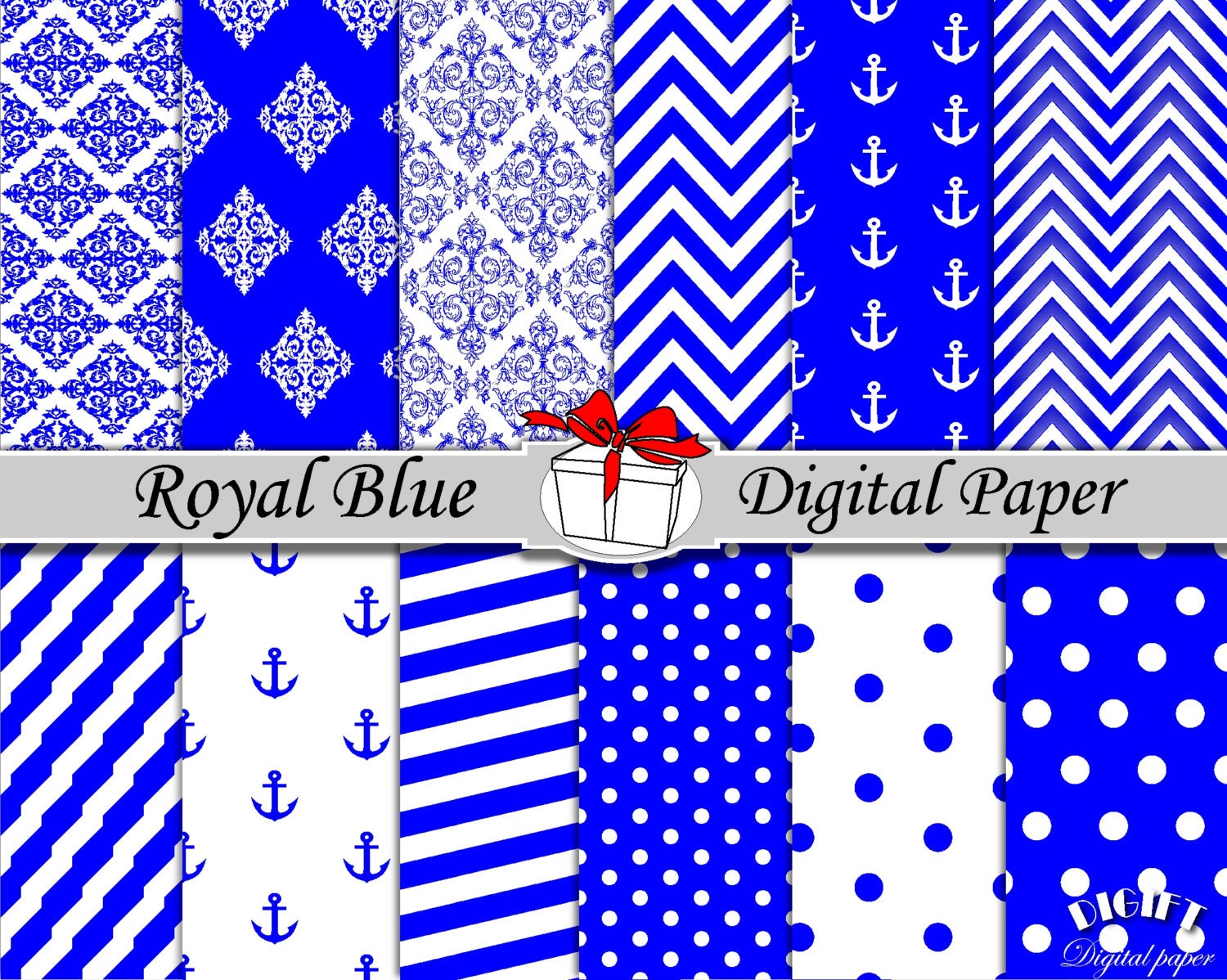 Royal Blue Digital Paper Blue Damask Royal Blue Chevron Blue Polka Dot ...