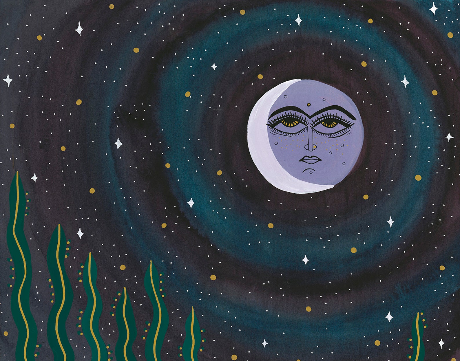 Moon-faced: Gliclee Archival Quality Print of Gouache Painting of the ...