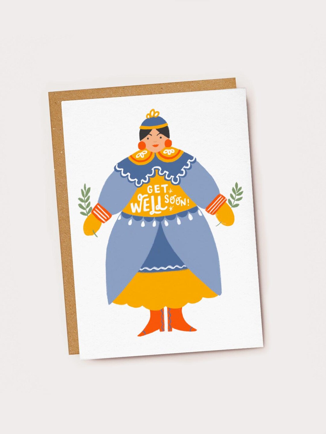 Get Well Soon Illustrated Folk Lady Card - Blue - Etsy