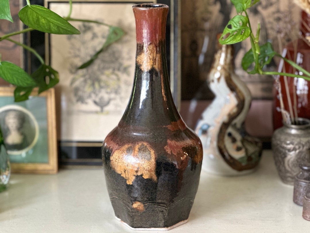Vintage Long Neck Art Pottery Brown Variegated Vase - Etsy