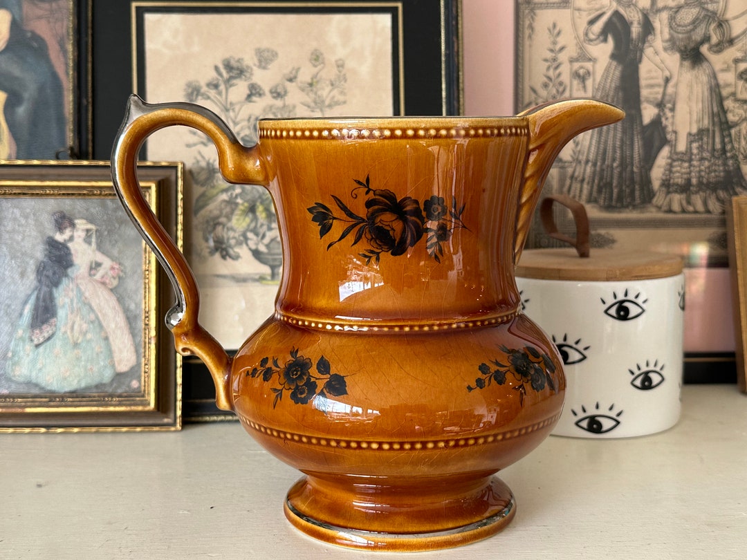 Lord Nelson Pottery Pitcher, Vintage Brown Jug, Black Roses, Silver ...