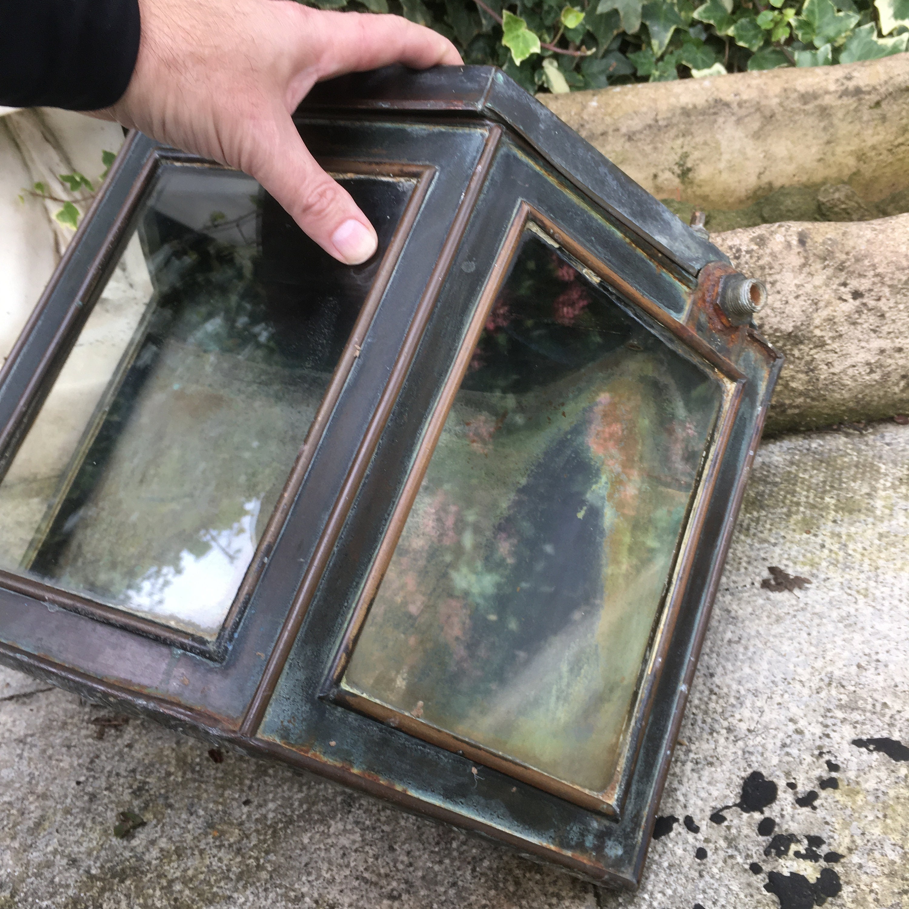 Sorry Sold SOLD Antique Copper and Glass Toilet Cistern Tryptic Glass ...