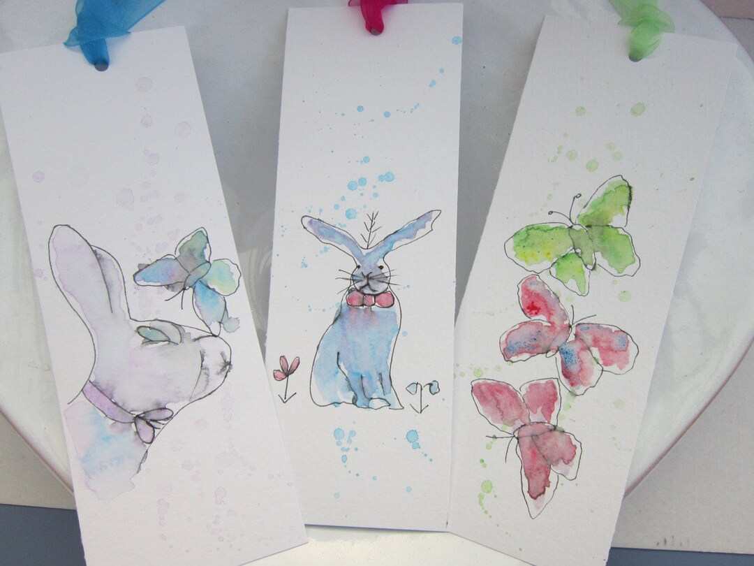 Bookmarks, Set of 3, Watercolour Original, Bunny Rabbits, Butterfly ...