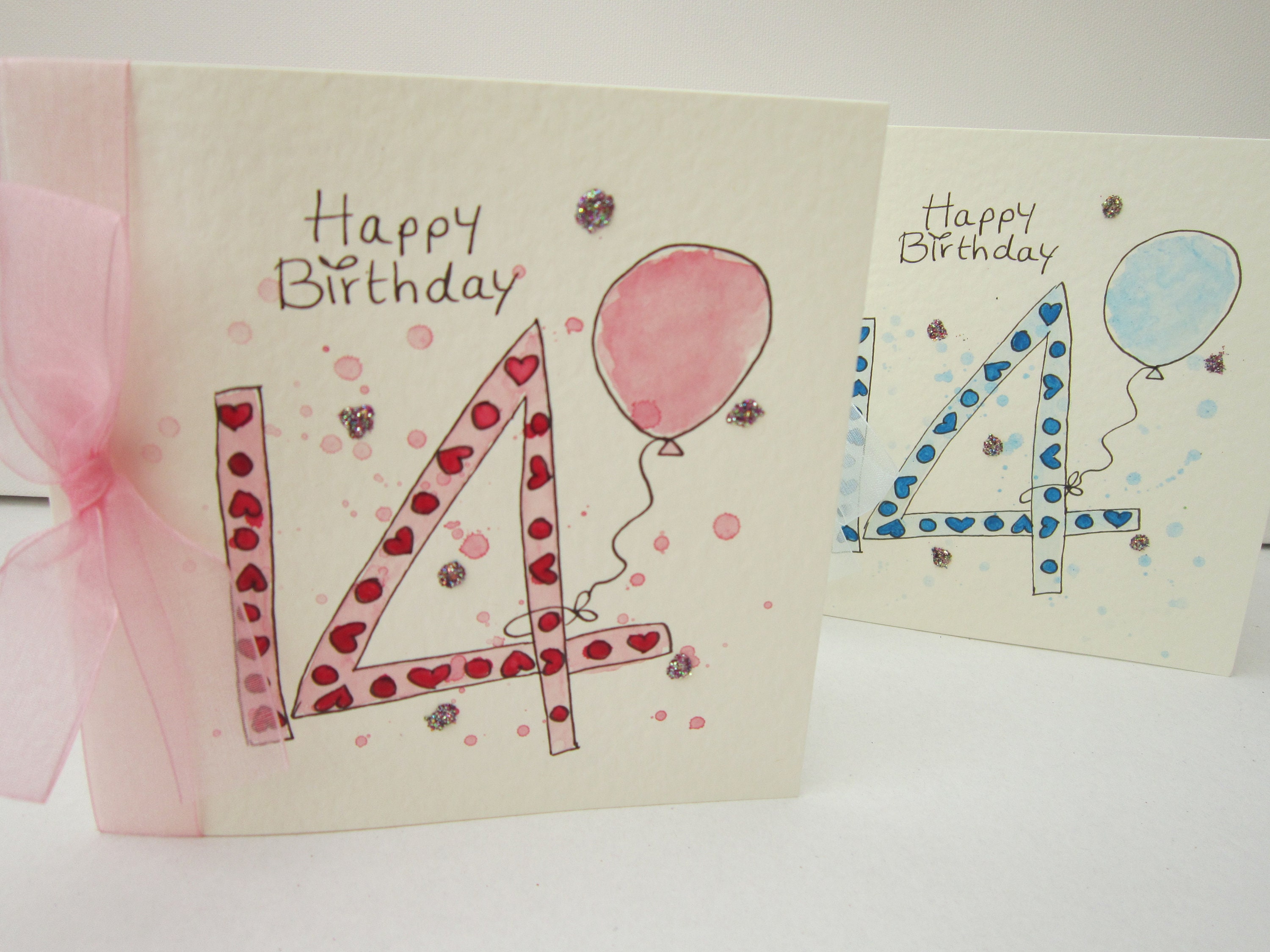 14th Birthday, Watercolour Card, 14th Birthday Card, Hand Painted Card ...