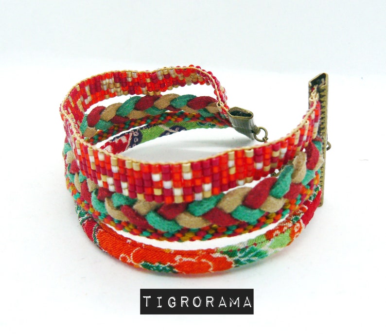 Red Multi-row Bracelet, Kumihimo Cord, Miyuki Weaving and Japanese ...
