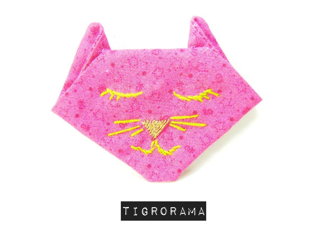 Fabric Origami Brooch and Raspberry Cat Head Embroidery - Etsy