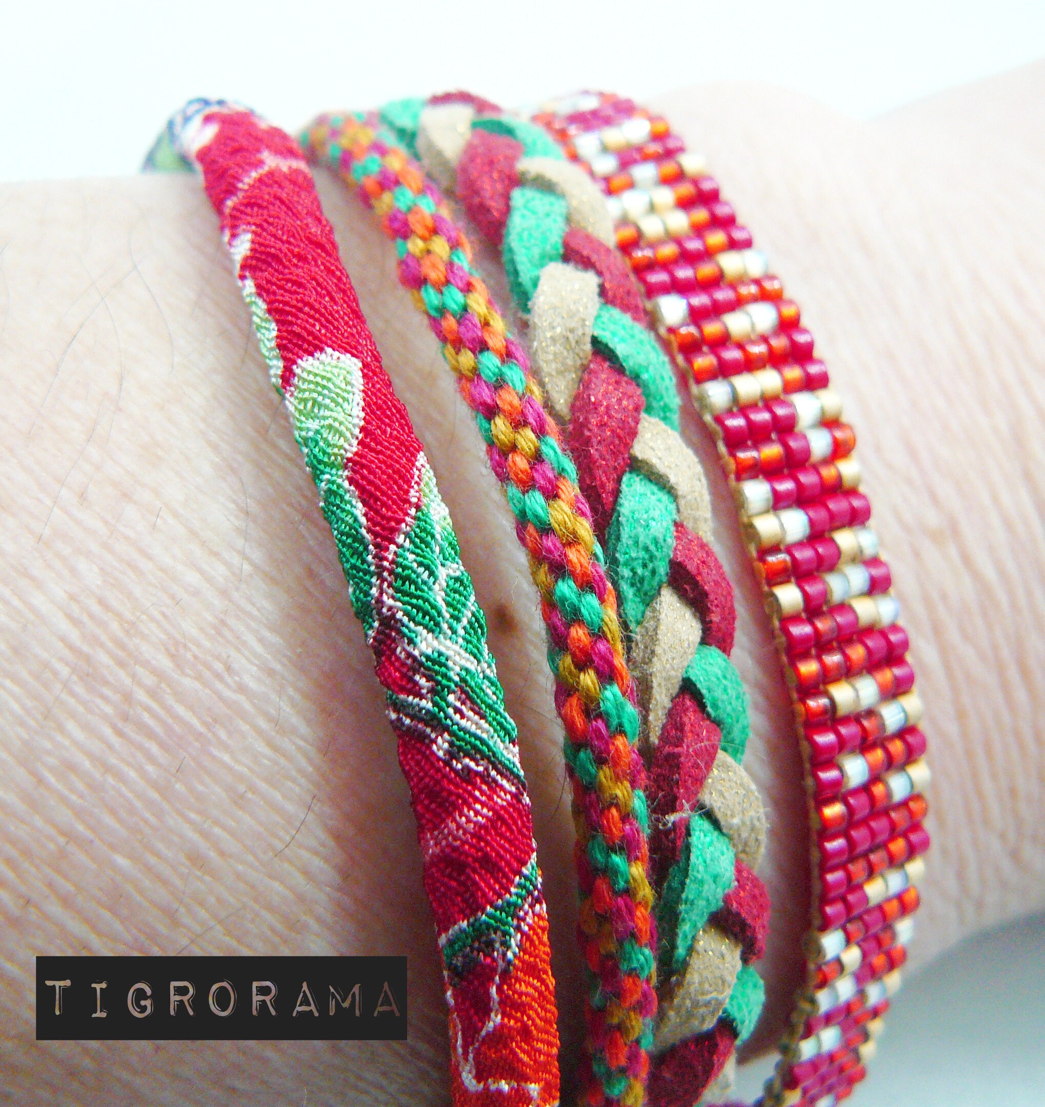 Red Multi-row Bracelet, Kumihimo Cord, Miyuki Weaving and Japanese ...