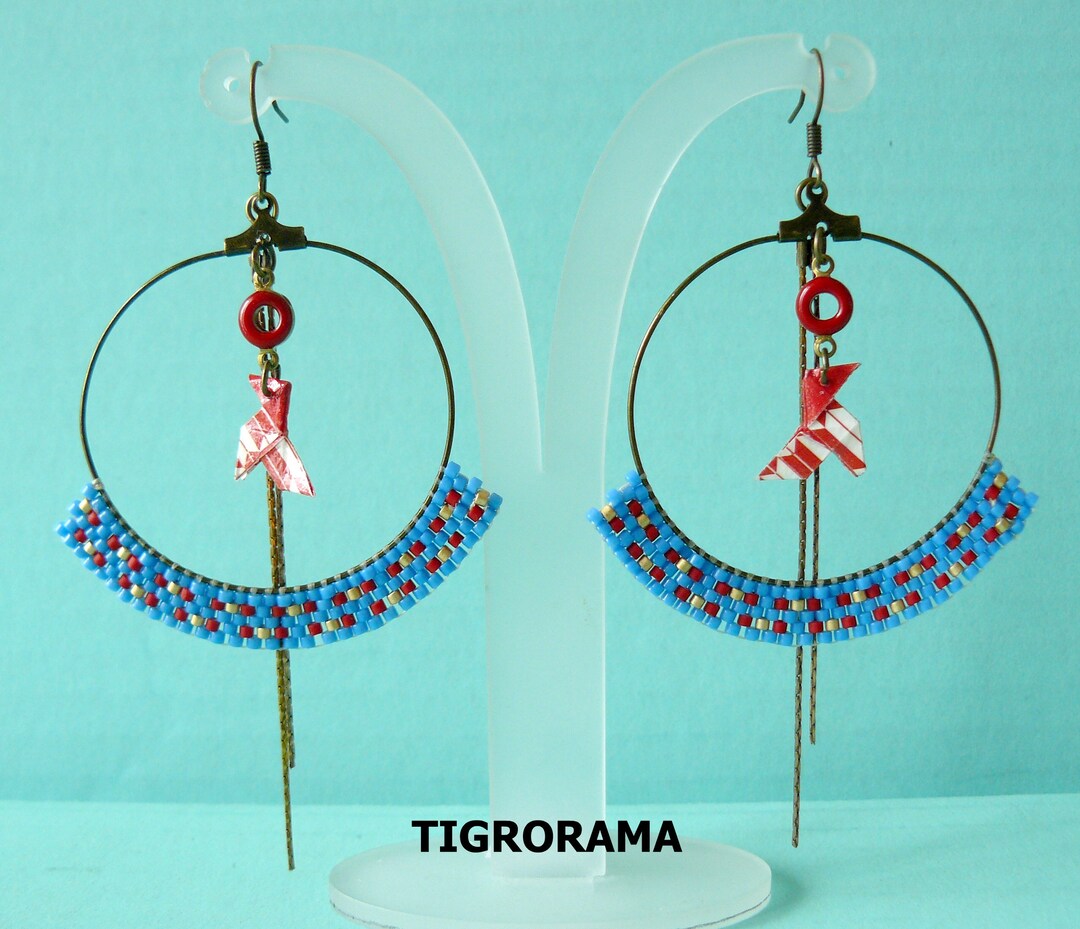 Cocotte Origami Hoop Earrings, Enamel and Blue and Red Miyuki Weaving ...
