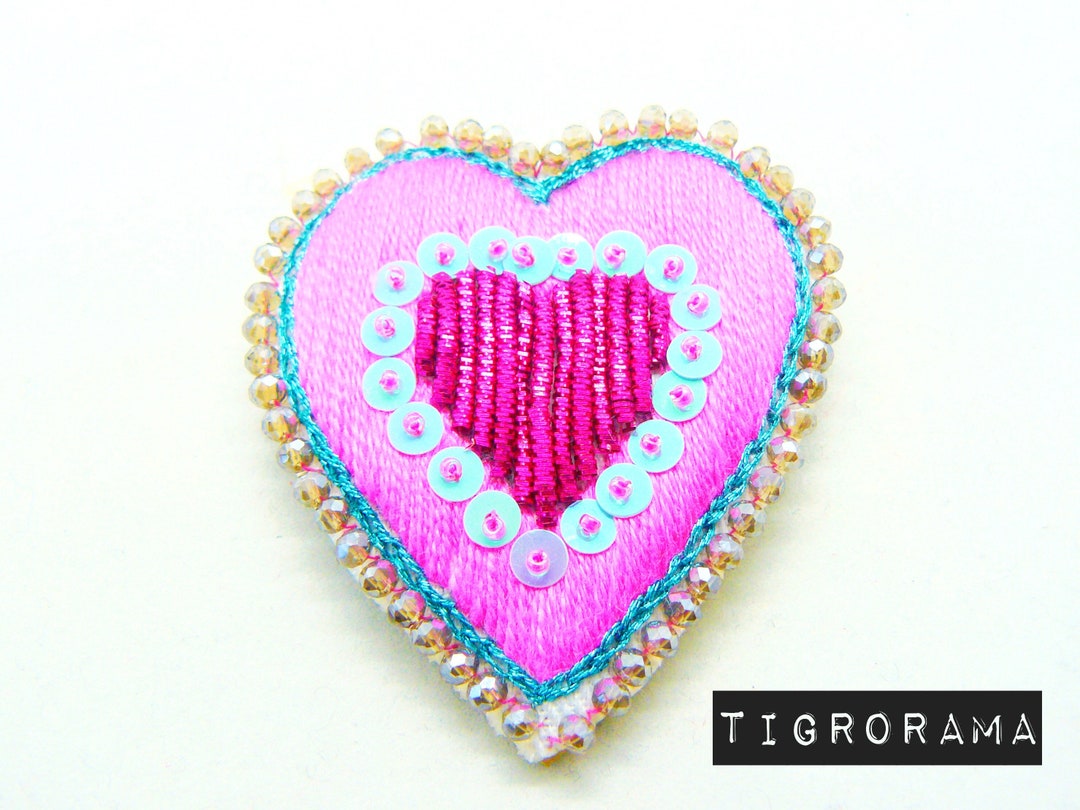 Hand-embroidered Neon Pink and Turquoise Heart Brooch - Etsy