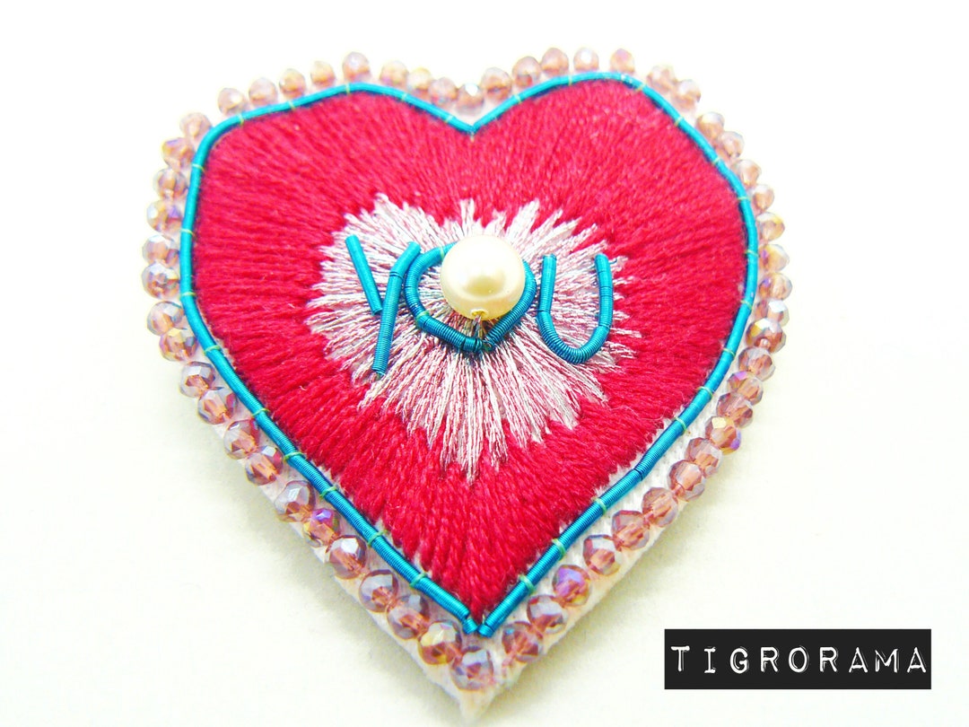 Hand Embroidered Red and Blue Heart Brooch With Pearl - Etsy