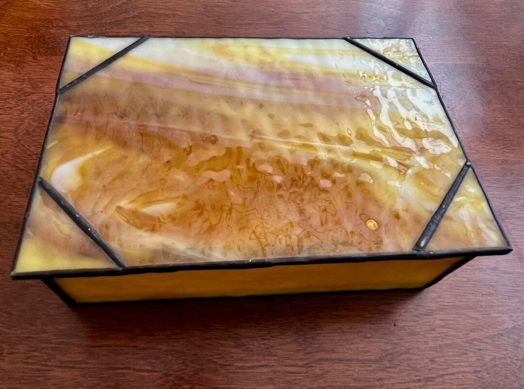 Stained Glass Jewelry Box/vintage Yellow Gold Slag Stained Glass Lidded ...