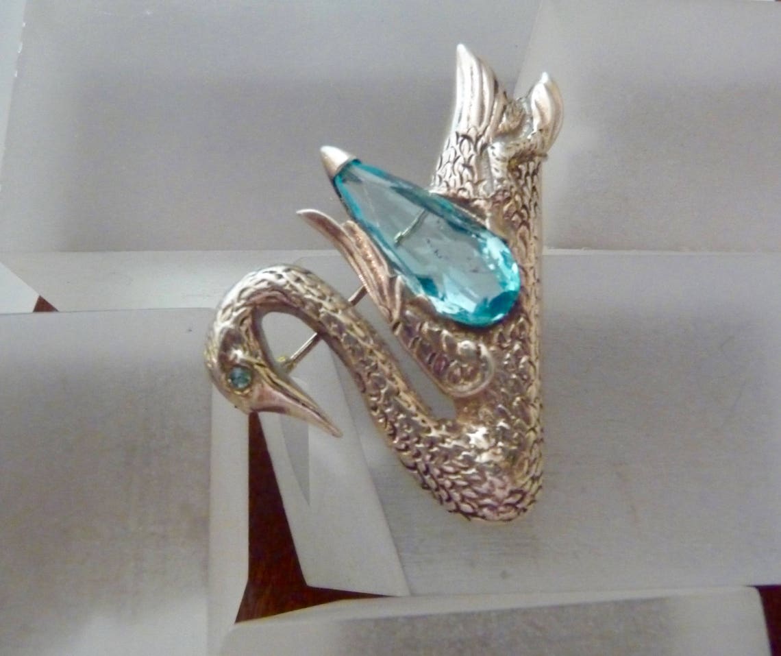 Vintage Swan Brooch Pin Sterling Silver Swan With Blue Topaz | Etsy