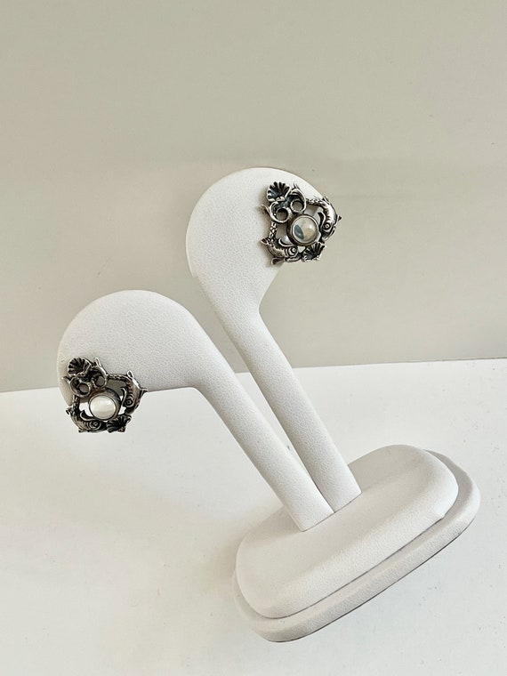 Vintage CINI 1940 Sterling Silver MOONSTONE Fish Earr… - Gem