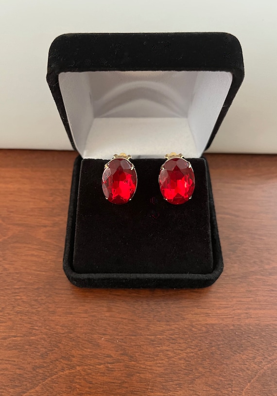 Red Crystal Clip On Earrings: Oval Rhinestone, Gold T… - Gem