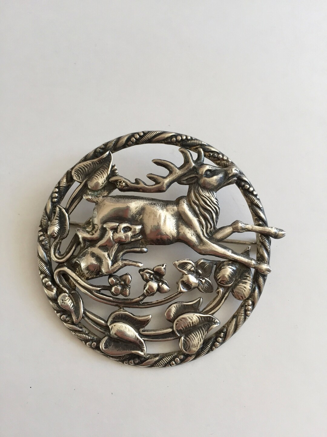 Vintage Sterling STAG Pin/stag Pin With Dog in Pursuit/stag and DOG Pin ...