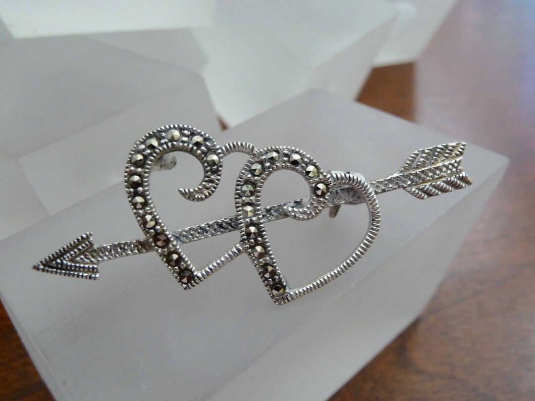 Sterling Double Heart and Arrow Pin/sterling Marcasite Double Heart and ...