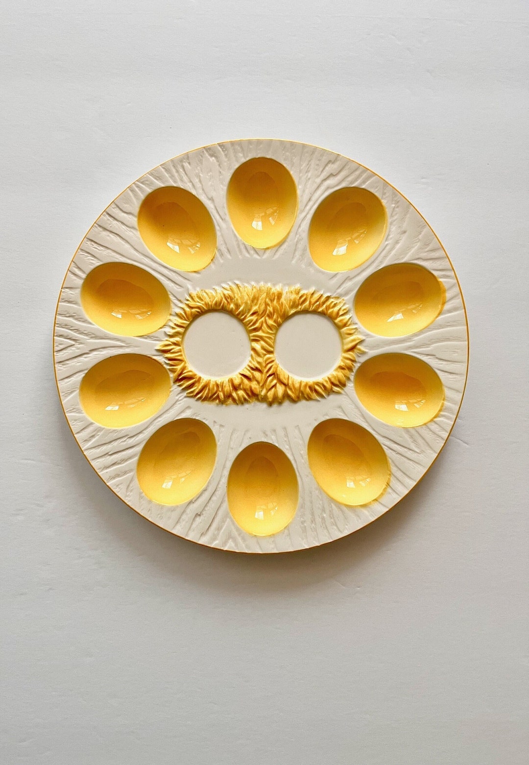 Vintage LEFTON Deviled Egg Plate White and Yellow 9" Mint With Original ...