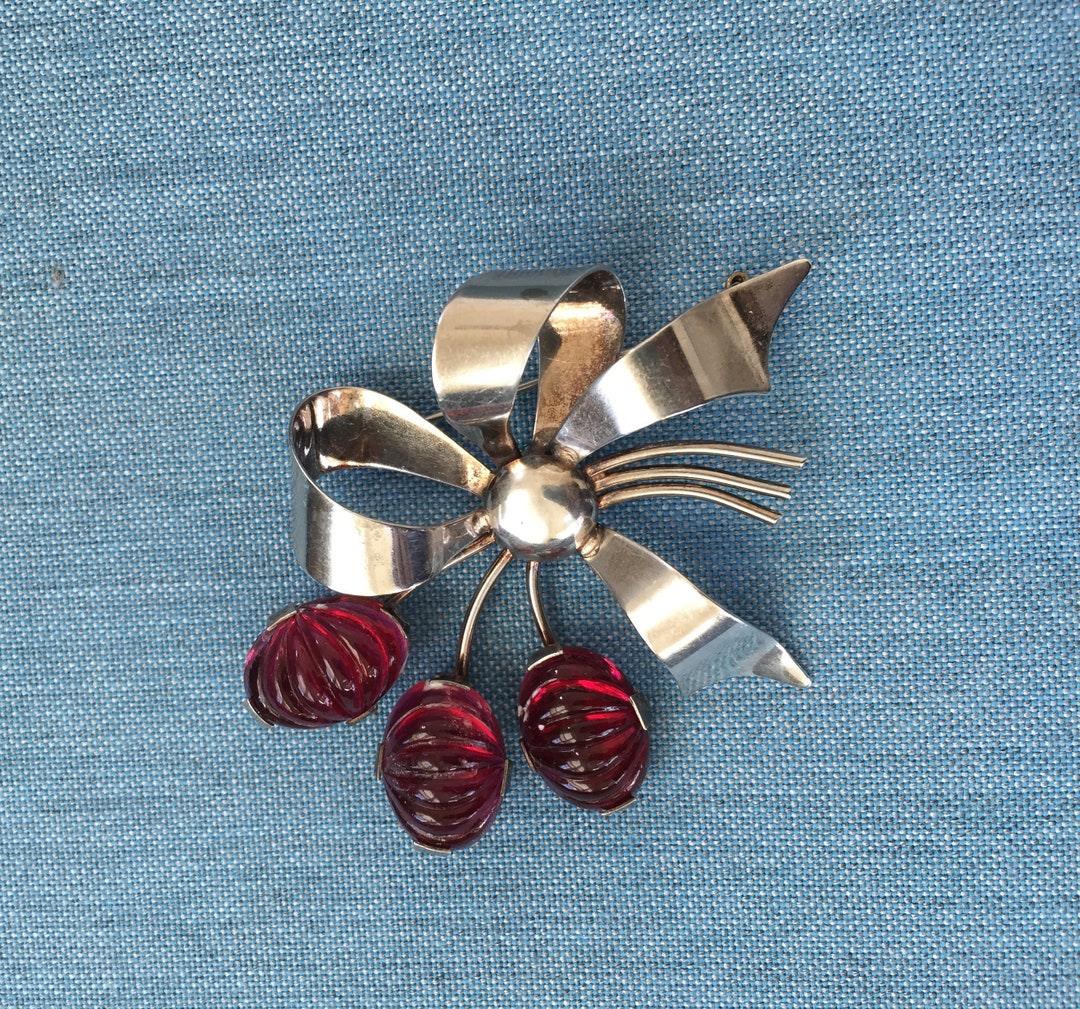 Sterling Silver Bow Pin/vintage Sterling Silver Bow Pin W Berries/1940 ...