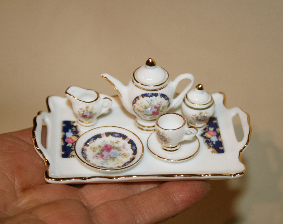 Dollhouse Tea Set Reutter Porcelain Royal Blue 1:12 Scale Teapot Cups ...