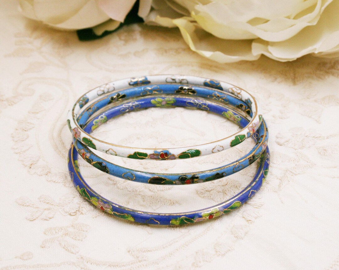 Cloisonne Bangles - Three Circle Bracelets in Enamel, White, Blue ...