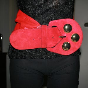 RARE! Red LEATHER Belt/ Gold Studs /women's Accessories /large Buckle ...