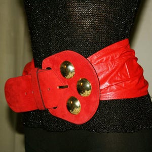 RARE! Red LEATHER Belt/ Gold Studs /women's Accessories /large Buckle ...