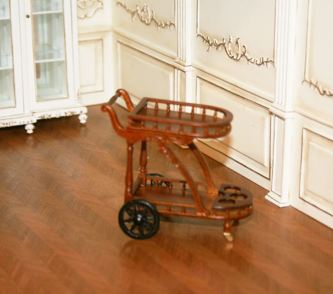 Tea Cart, Wooden Walnut Color-dollhouse MINIATURE Furnitures - Artisan ...