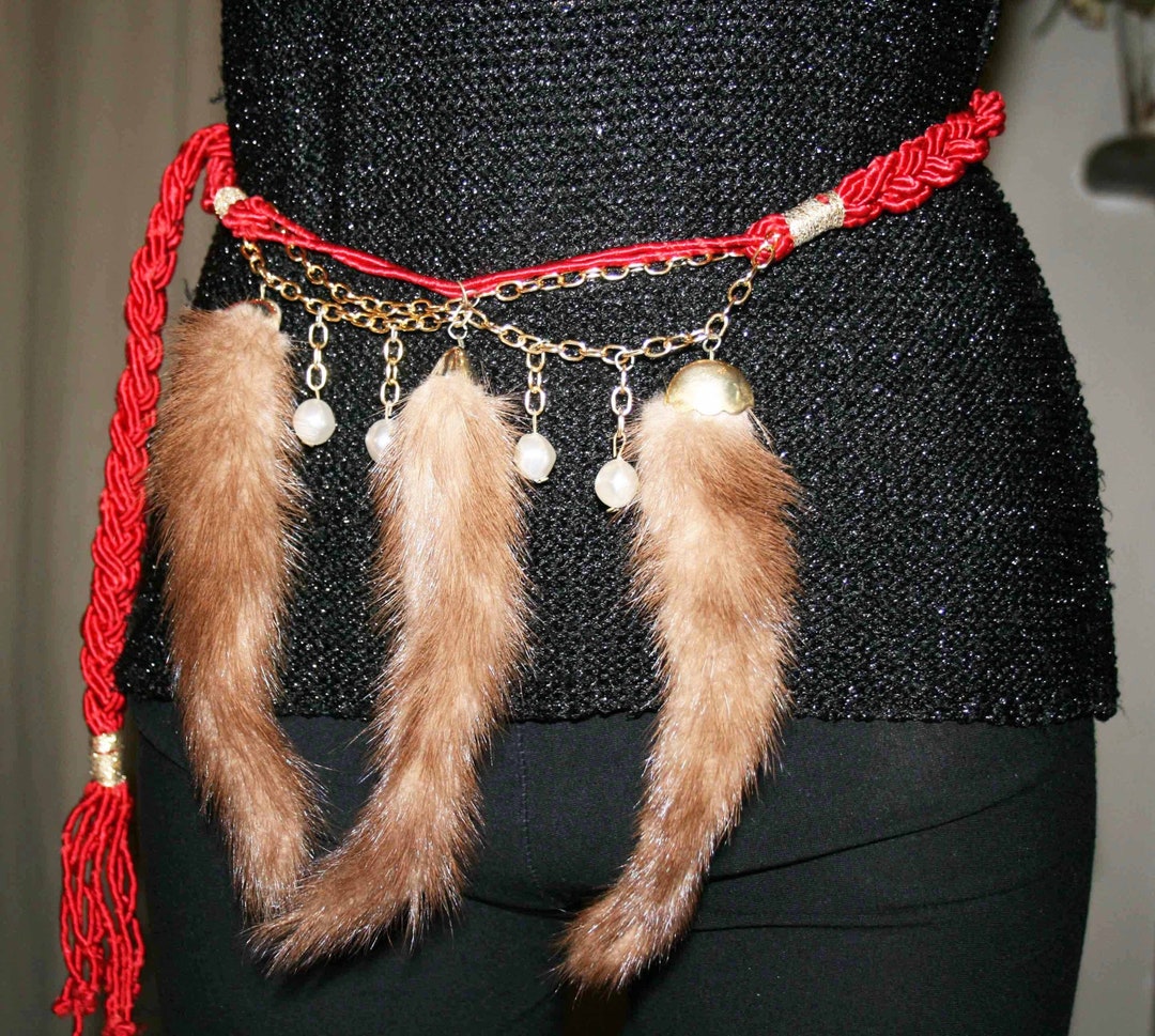 WOWEN SILK Cord BELT /fur Tails Pendant /vintage 80s/ the Hip Belt ...