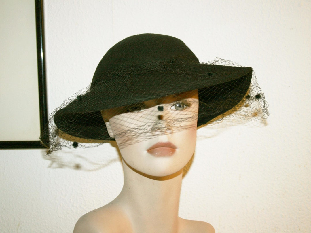 Black Cloth Hat With Veil, 80s Hats, Made in Italy Hats, Fashionable ...