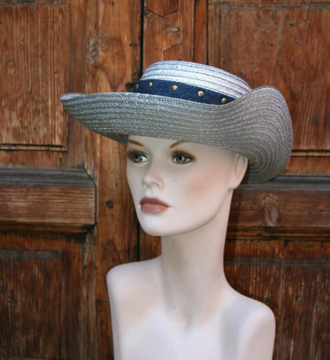 Straw Hat, Silver Color With Denim Fabric Bow /braided Straw/made in ...