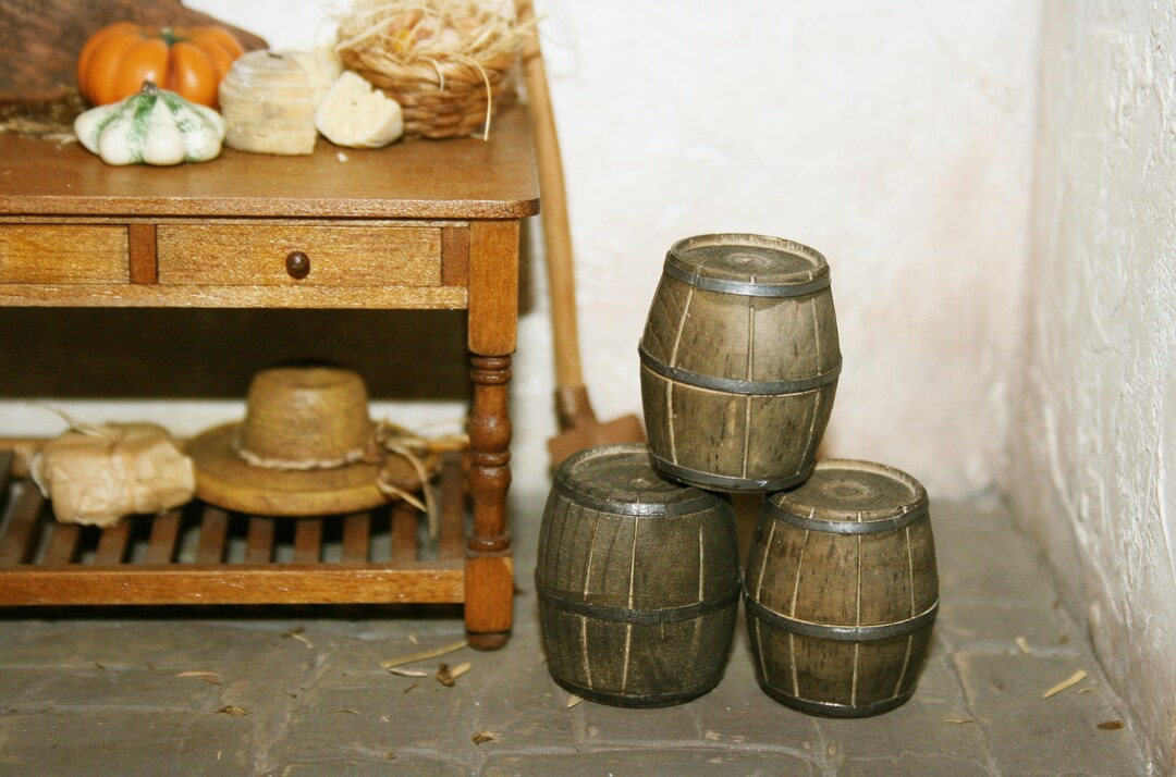 Rustic Wooden Barrel, With Metal Rings -DOLL HOUSE MINIATURES ...