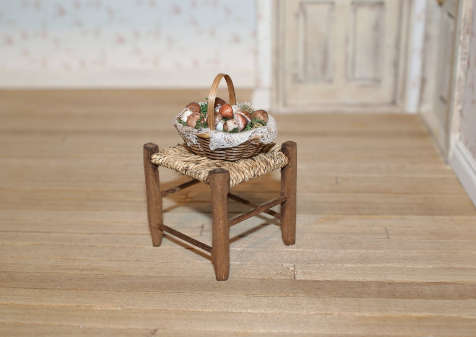 DOLLHOUSE MINIATURES "stool With Straw Seat"- Artisan Handmade ...