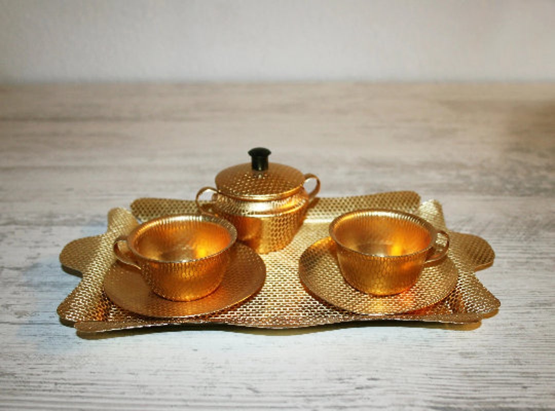Tin Tea Cup and Saucers Set Gold Color, Toy Tea Set, Dolls Size, Made ...