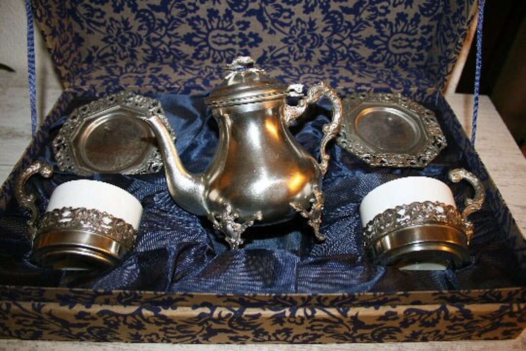Pewter Tea Set for Two, Teapot and Cups- Christmas Gift- Porcelain ...