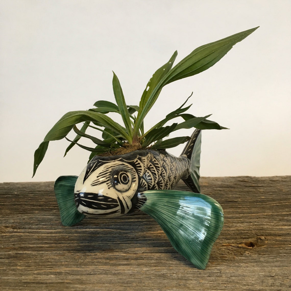 Black and white ceramic sgraffito fish small planter | Etsy