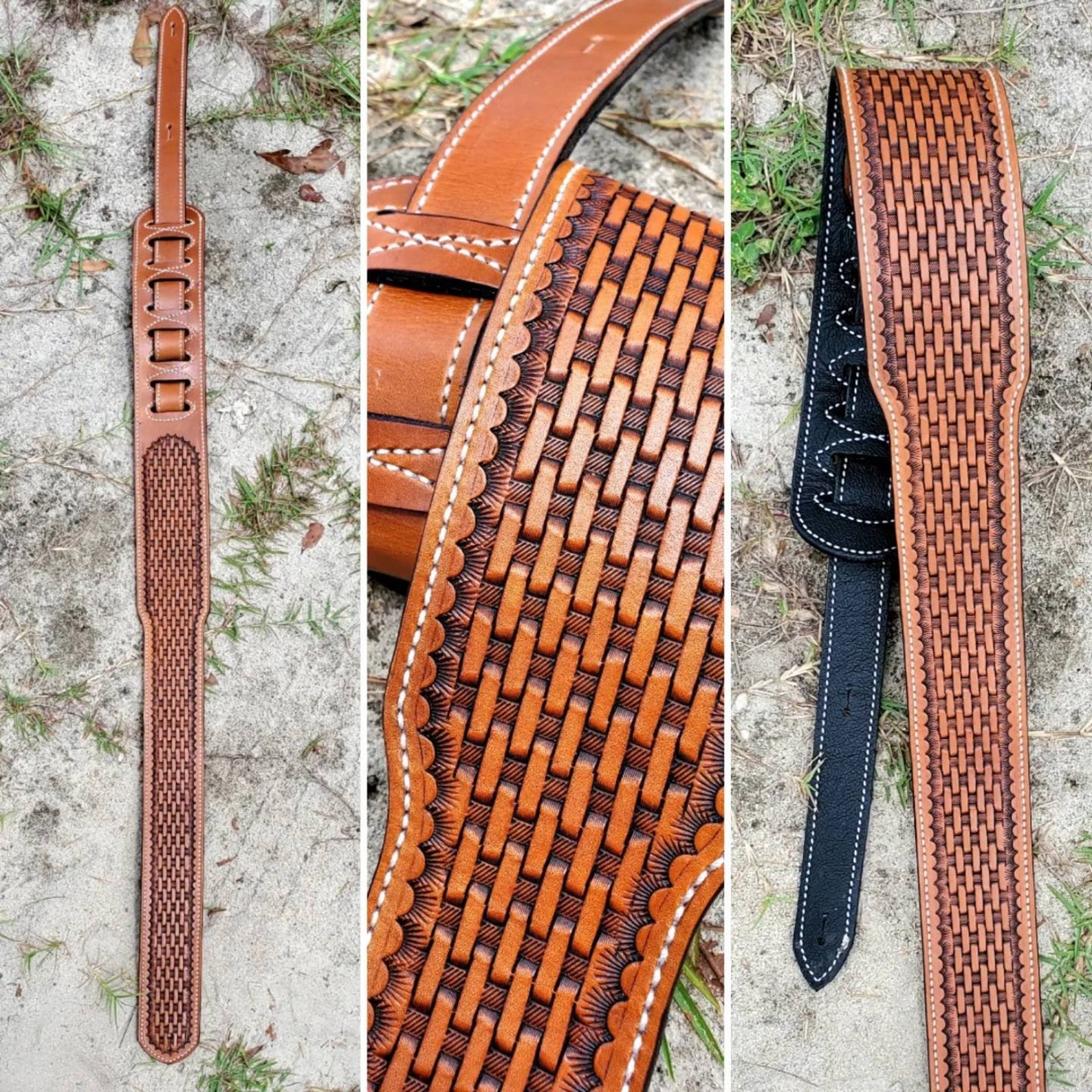 Tooled Leather Guitar Strap Custom Leather Strap Basketweave Pattern ...