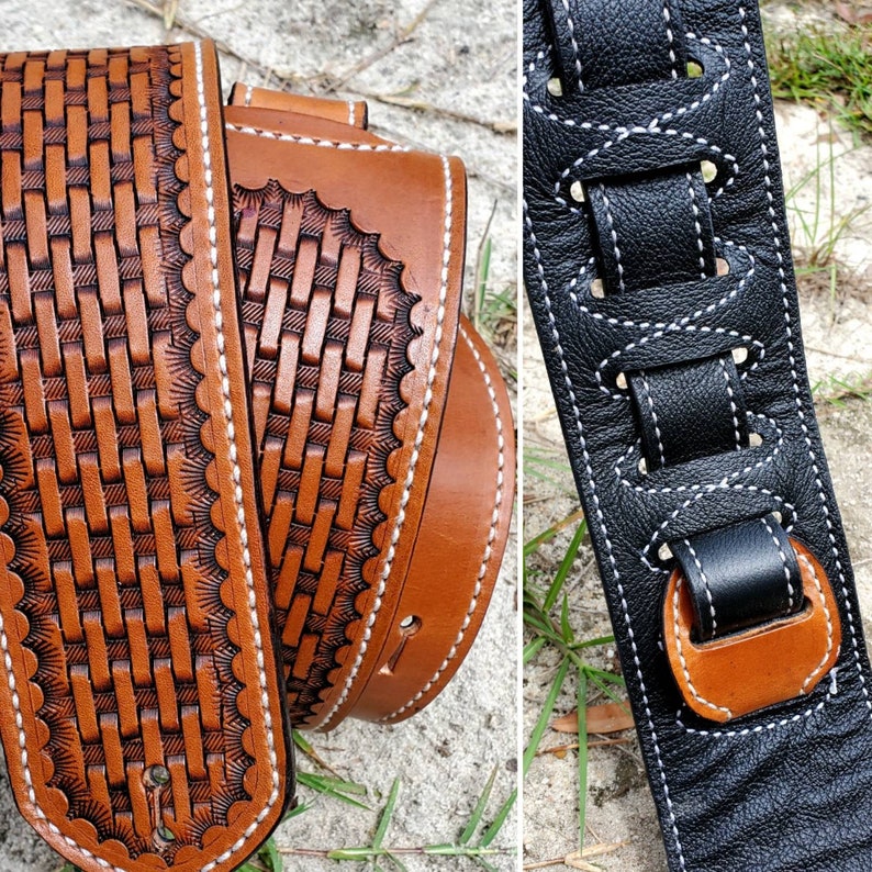 Tooled Leather Guitar Strap Custom Leather Strap Basketweave - Etsy