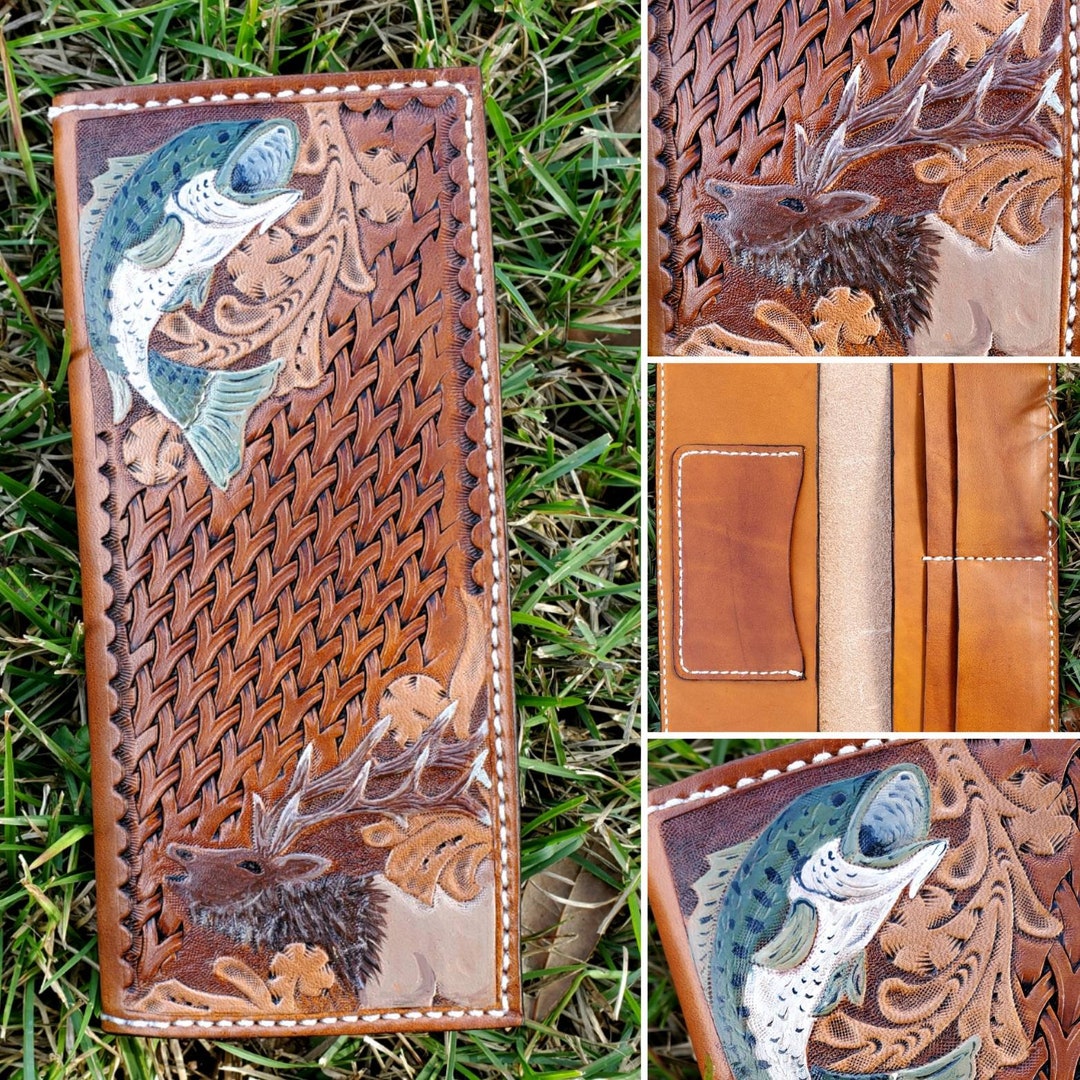 Outdoorsman Wallet Custom Leather Wallets Tooled Leather Elk Bass ...