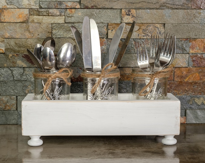 Wooden Mason Jar Utensil Holder Box, Contemporary Rustic Silverware Holder, Parties, Weddings ...