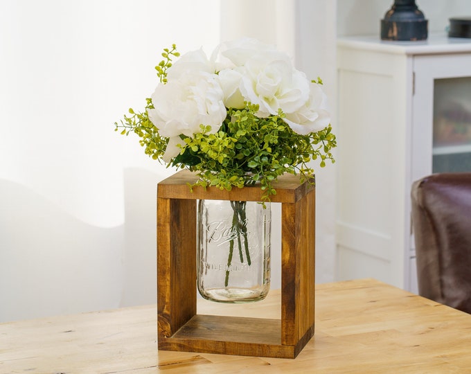 Handmade Wooden Mason Jar Holder With Jar Centerpiece With Flowers ...