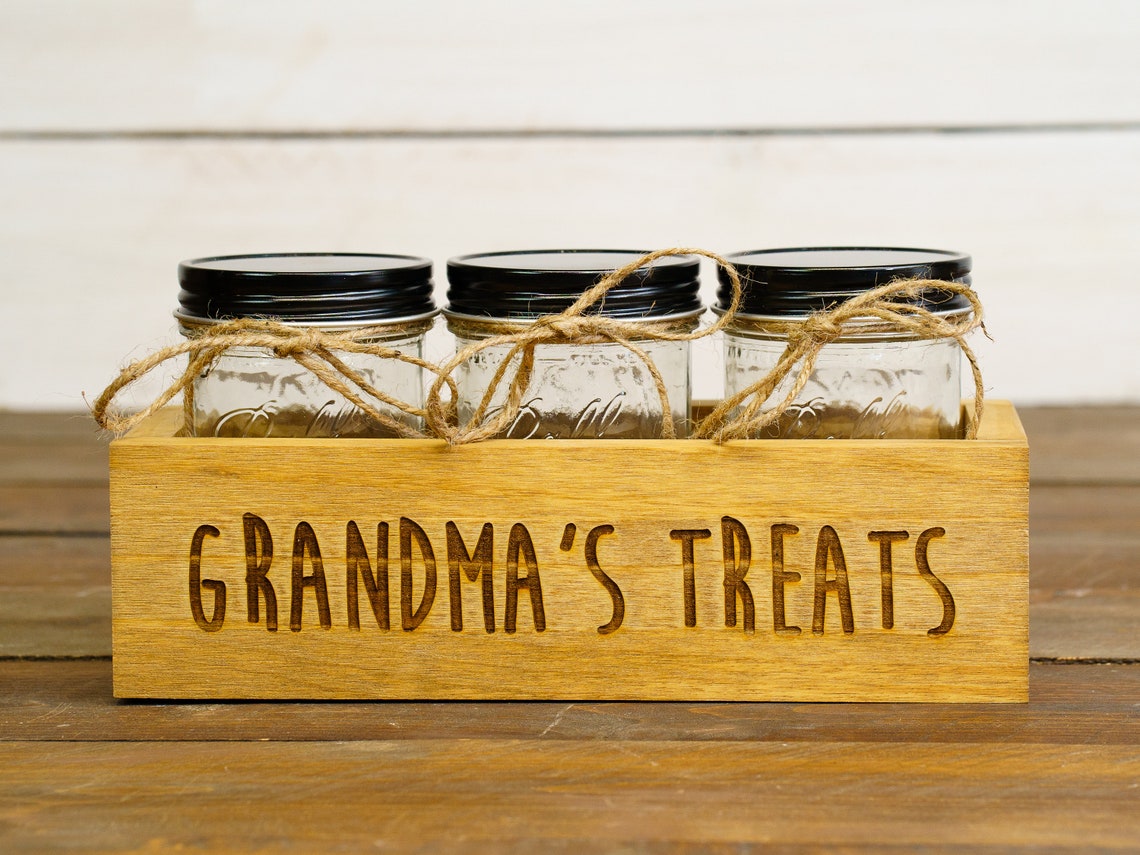 Engraved "grandma's Treats" Wooden Candy Bar Box W/ Pint Mason Jars for ...