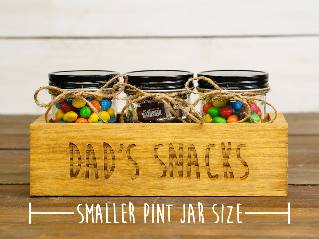 Engraved "dad's Snacks" Wooden Candy Bar Box W/ Pint Mason Short Jars ...