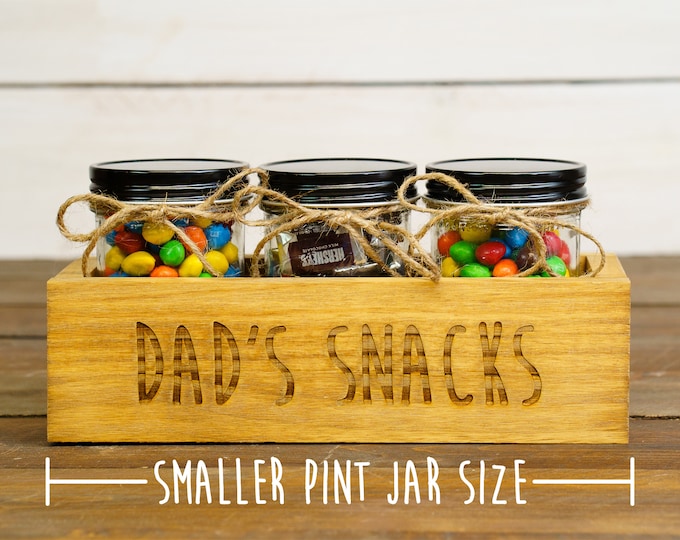 Engraved dad's Snacks Wooden Candy Bar Box W/ Pint Mason Short Jars for ...