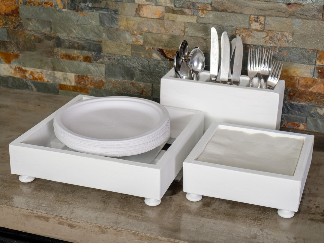 Combo Party Pack of Wooden Plate Holder Display, Napkin Holder, Utensil ...
